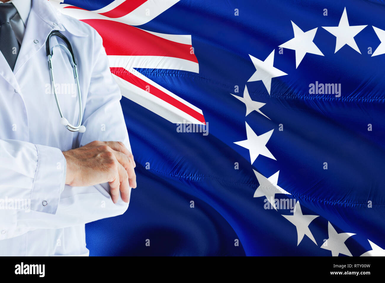 Doctor standing with stethoscope on Cook Islands flag background ...