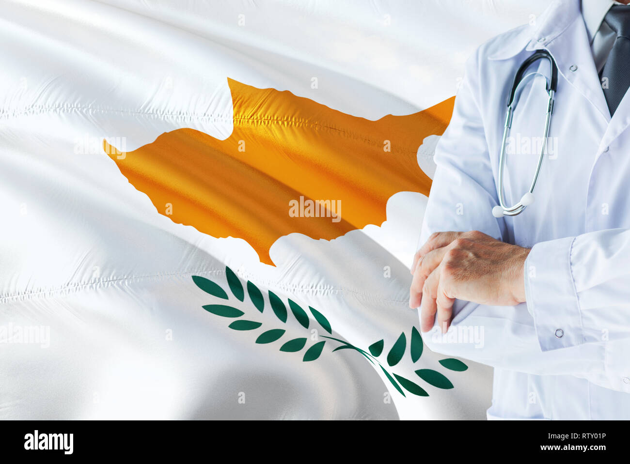 Cypriot Doctor standing with stethoscope on Cyprus flag background ...