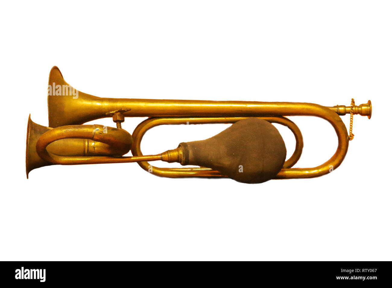 Antique Brass Horn With Rubber Bulb isolated lùon white Stock Photo - Alamy