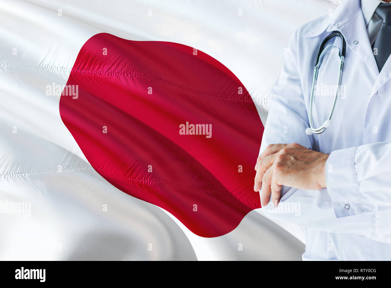 Japanese Doctor standing with stethoscope on Japan flag background ...