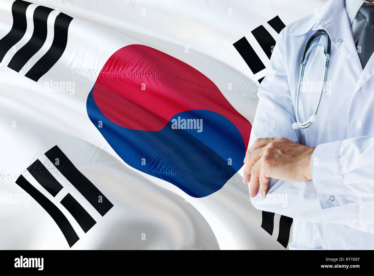 South Korean Doctor standing with stethoscope on South Korea flag ...