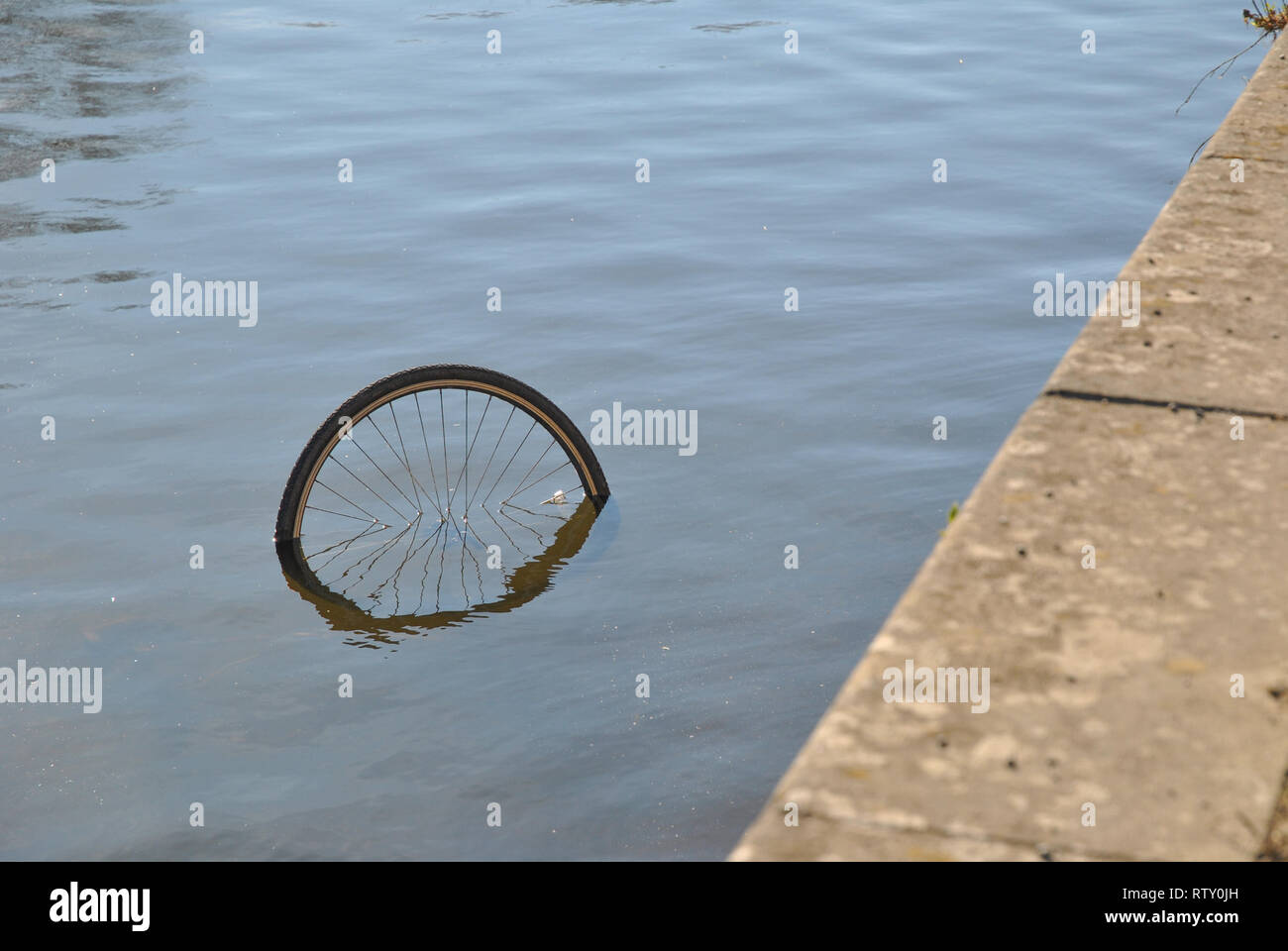 The wheel of a bicycle dumped in the river is just visible above the ...