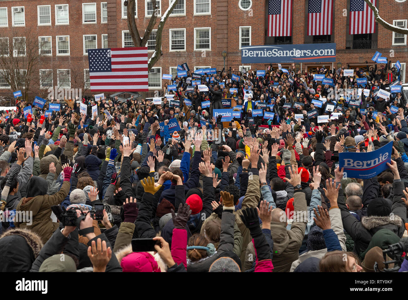 New York, United States. 02nd Mar, 2019. People raise hands in response ...