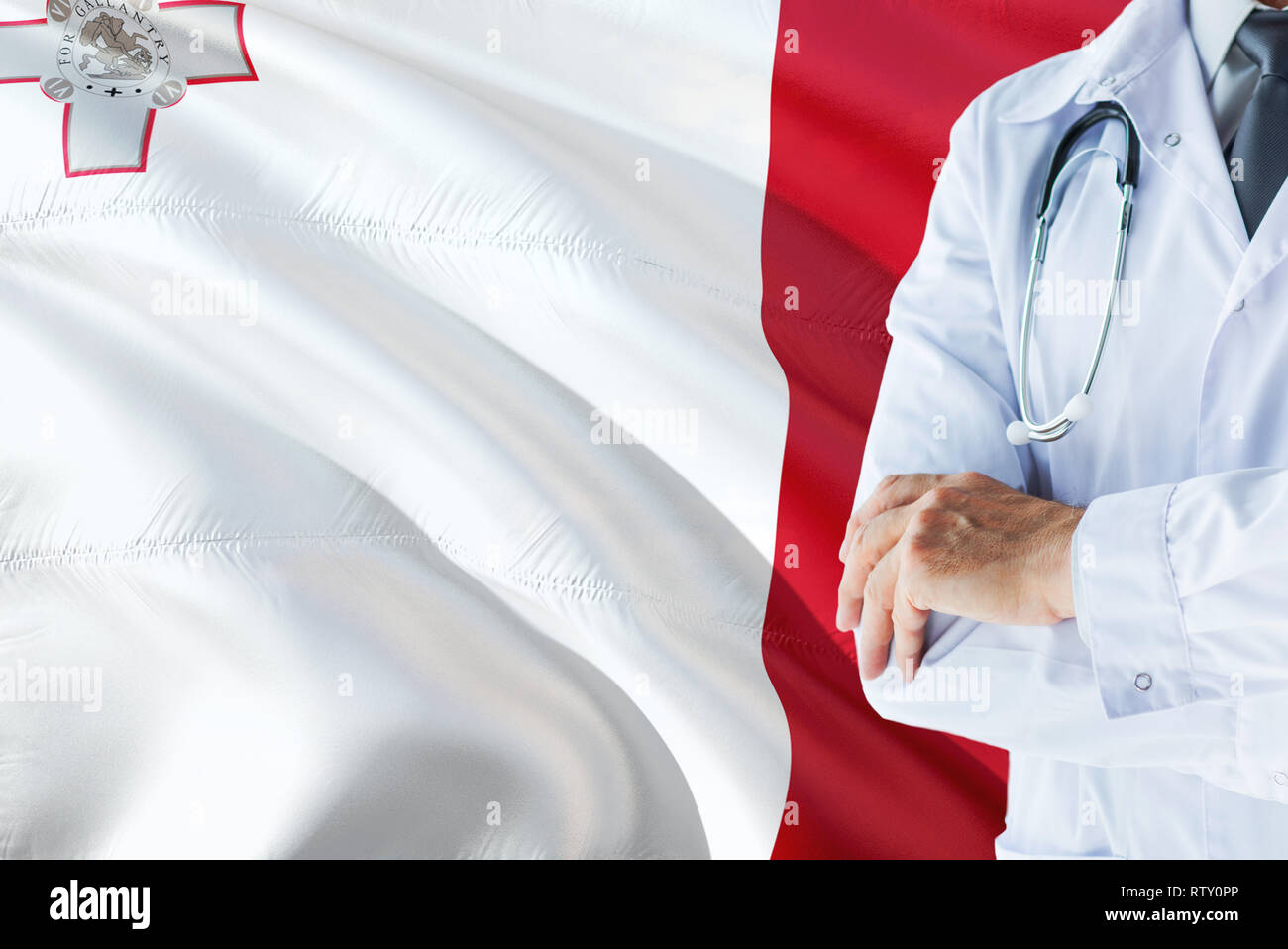 Maltese Doctor standing with stethoscope on Malta flag background ...