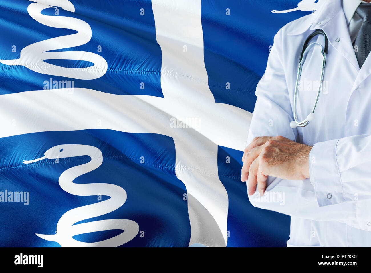Doctor standing with stethoscope on Martinique flag background ...