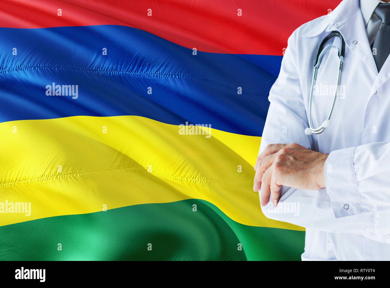 Mauritian Doctor standing with stethoscope on Mauritius flag background ...