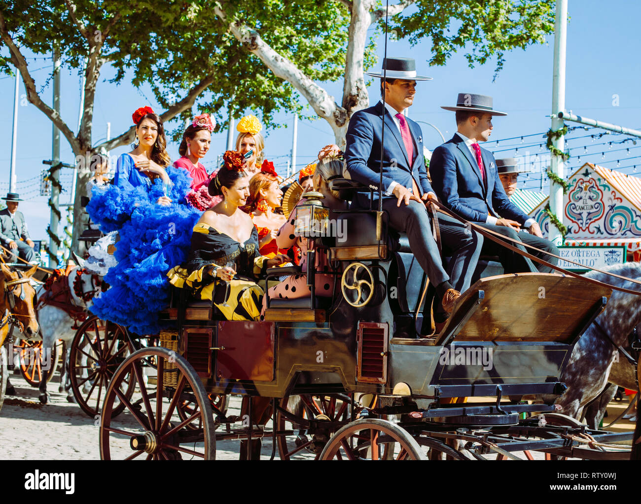 Beautiful women in traditional and colorful dress travelling in a horse ...