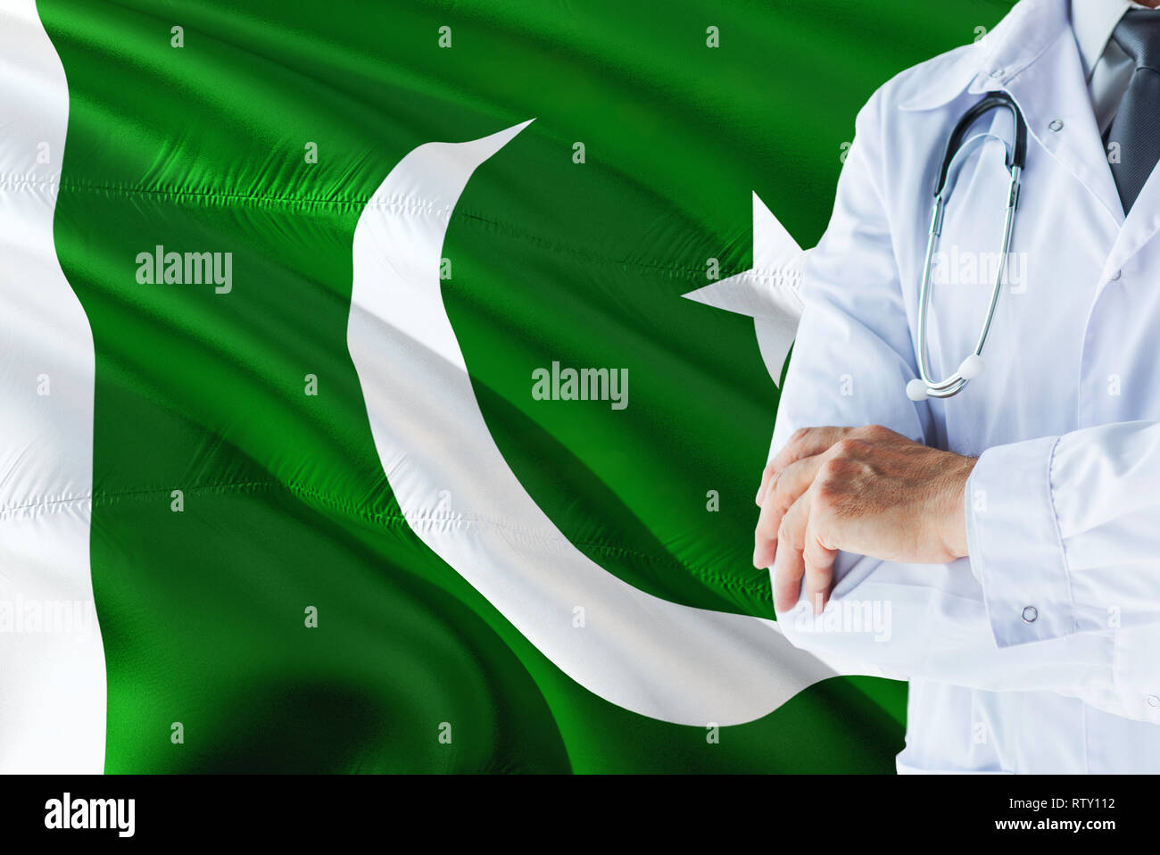 Pakistani Doctor standing with stethoscope on Pakistan flag background ...
