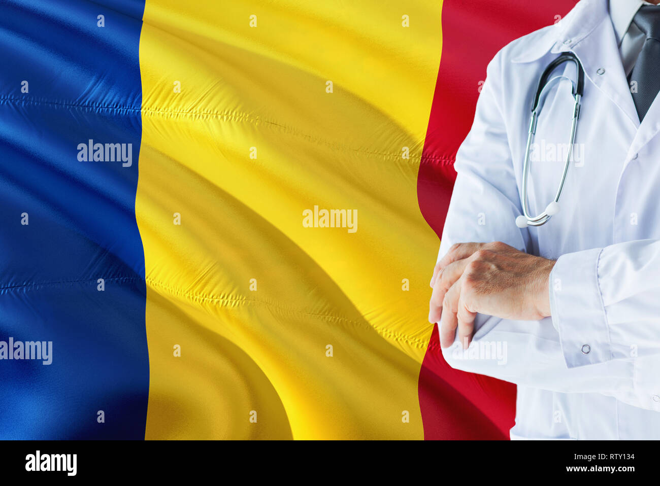 Romanian Doctor standing with stethoscope on Romania flag background ...
