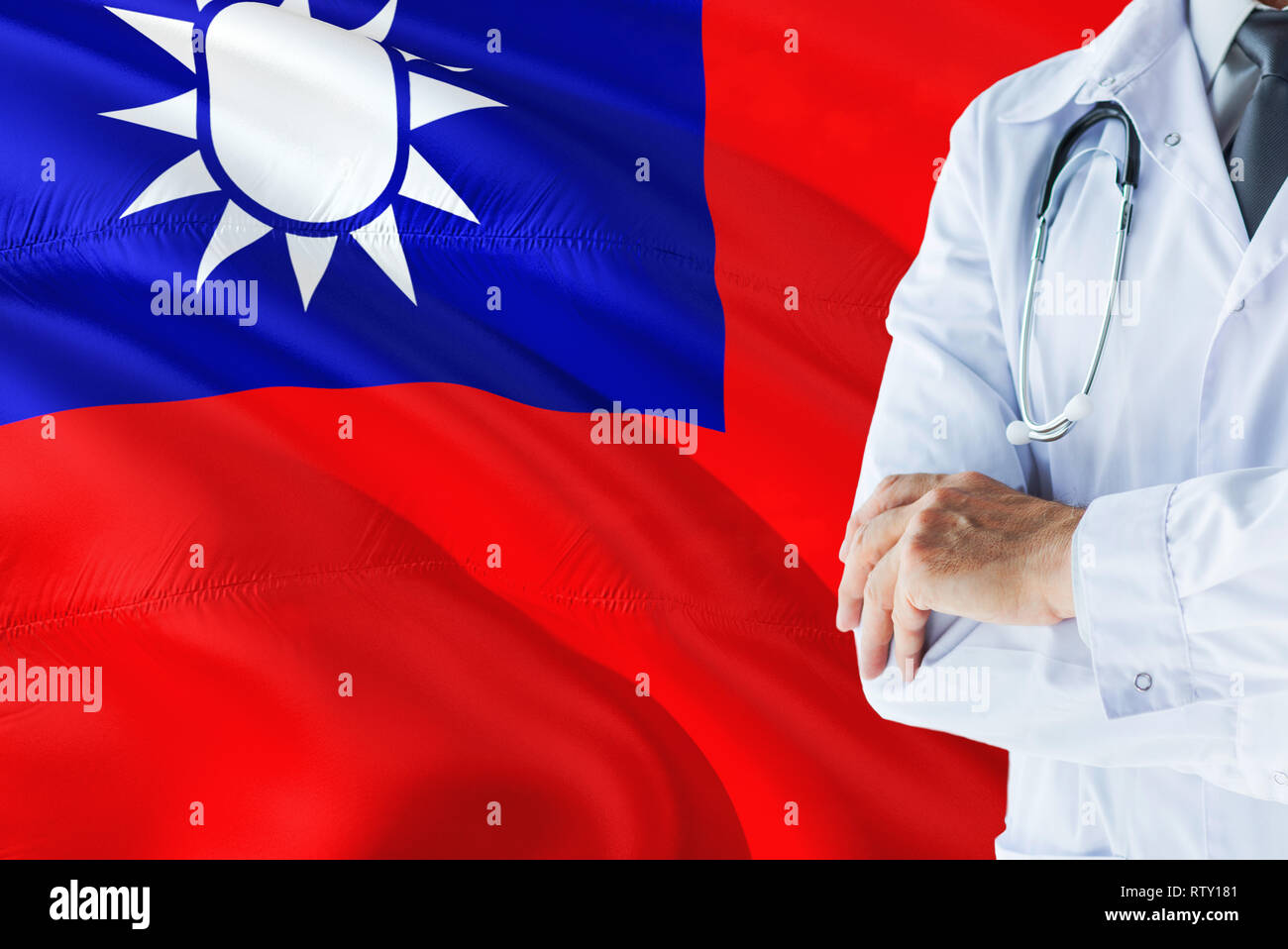 Taiwanese Doctor standing with stethoscope on Taiwan flag background ...