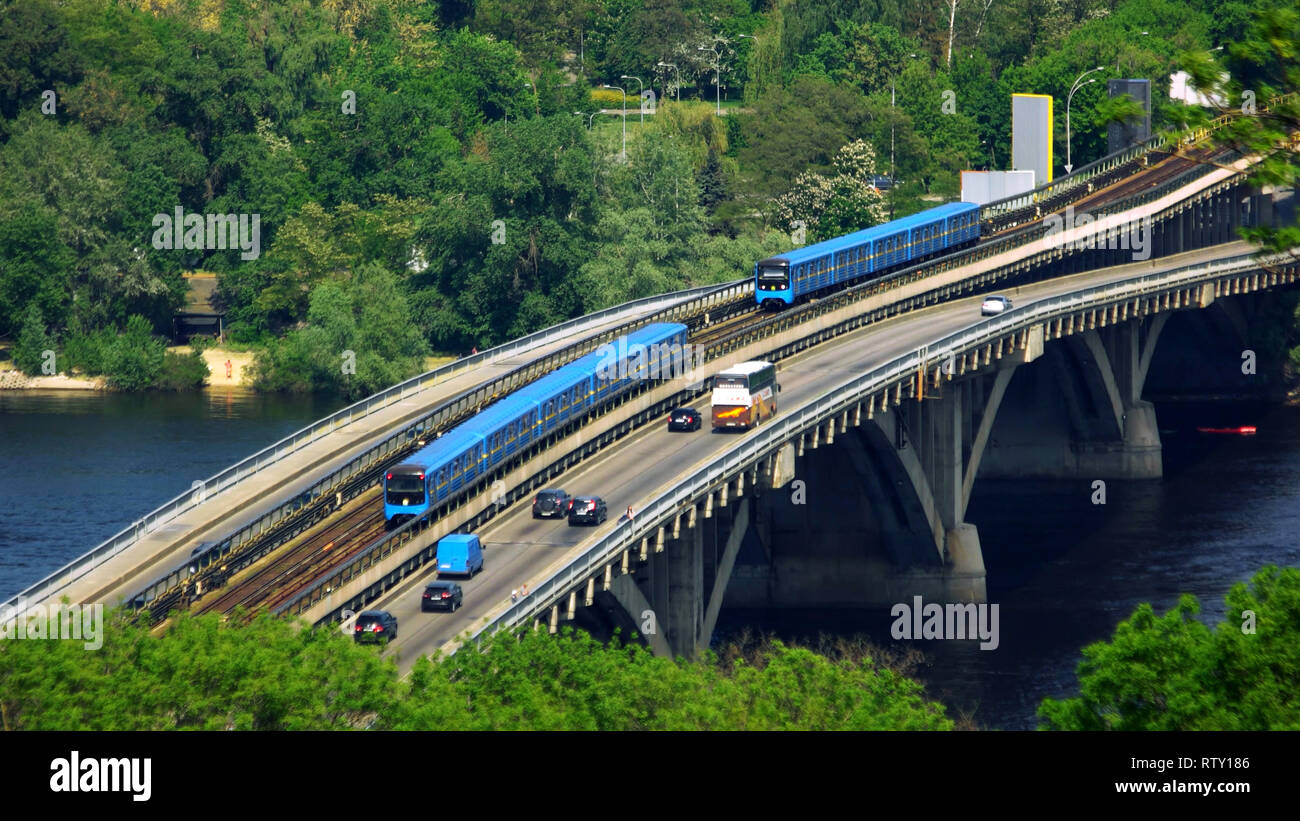 Bridge with car traffic above river. Bridge with transport traffic ...