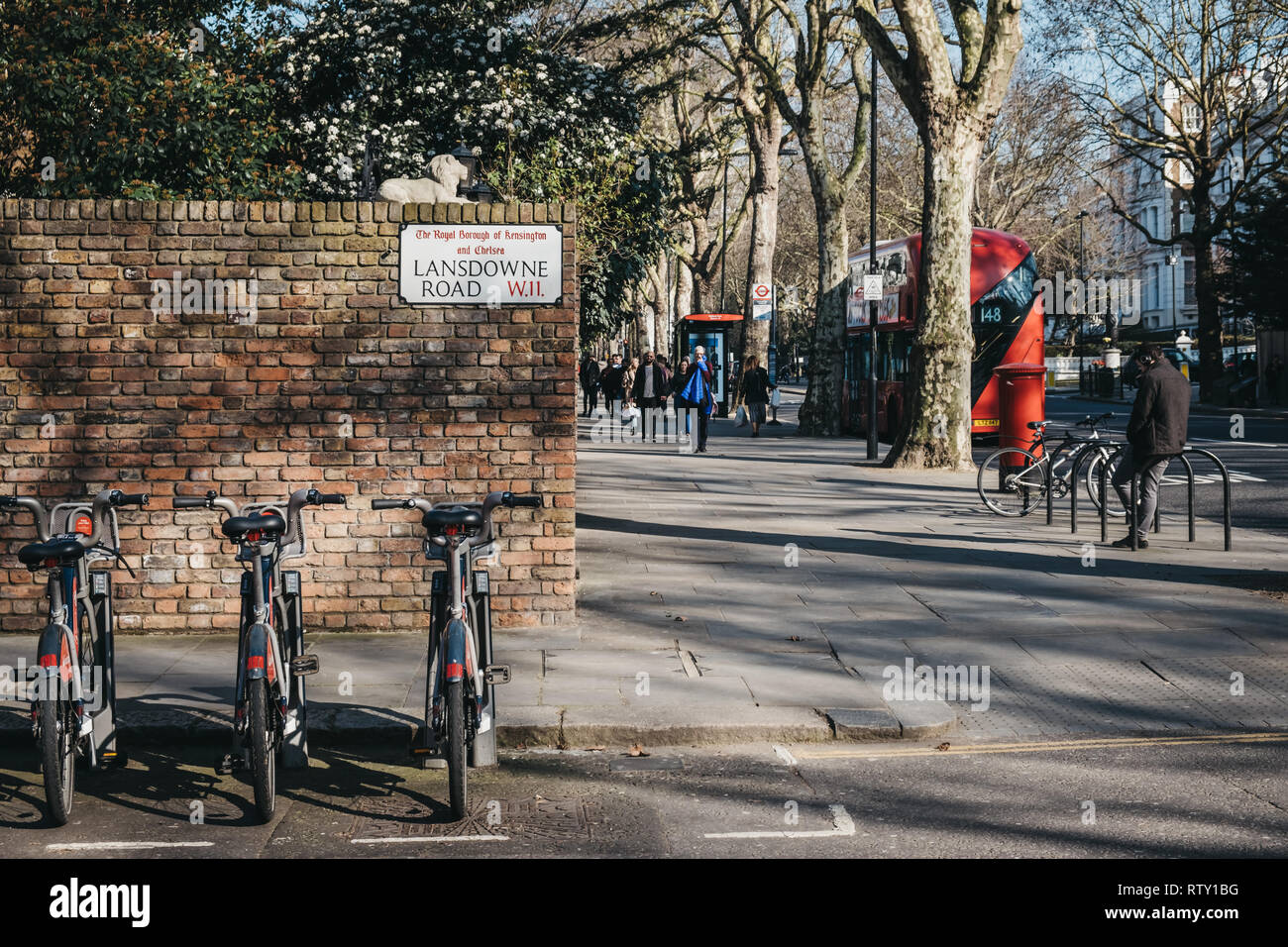 London, UK - February 23, 2019: Santander cycles on Lansdowne Road ...