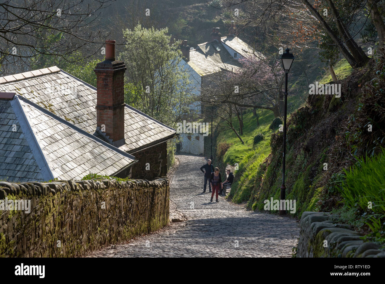 Clovelly, North Devon, England, UK. February 2019. A steep cobblestone ...