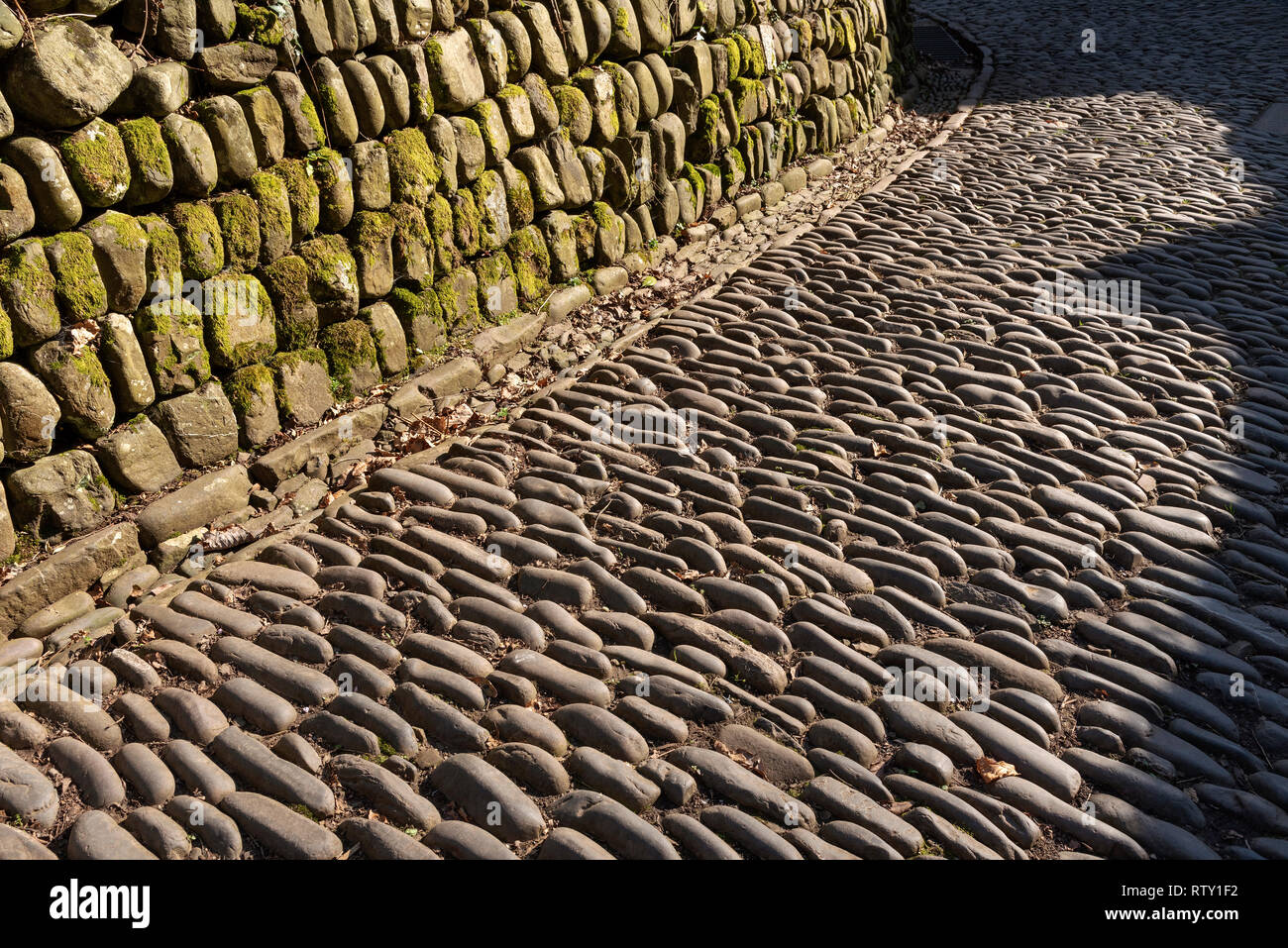 Devon, England, UK. February 2019. Cobblestone street in sunlight with ...