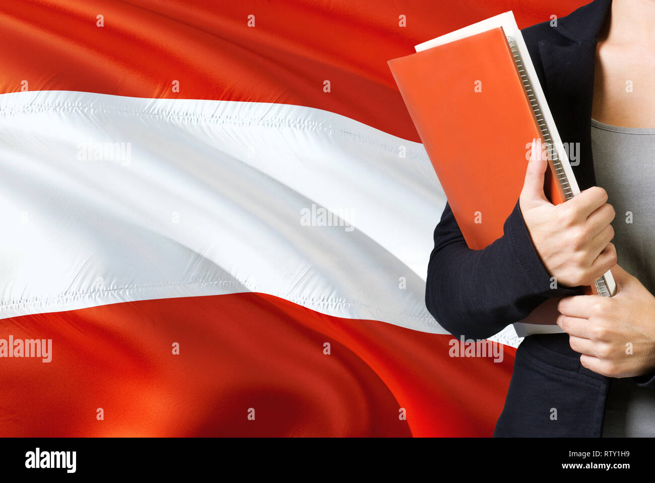 Learning Austrian language concept. Young woman standing with the ...