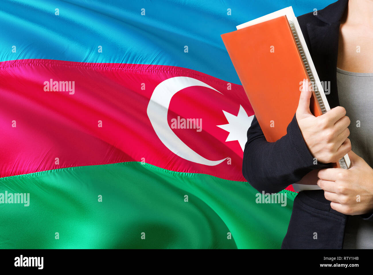 Learning Azerbaijani language concept. Young woman standing with the ...
