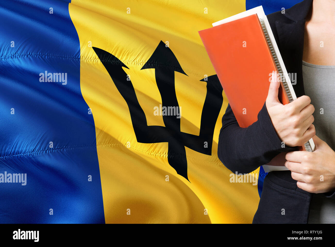 Learning Barbadian language concept. Young woman standing with the ...