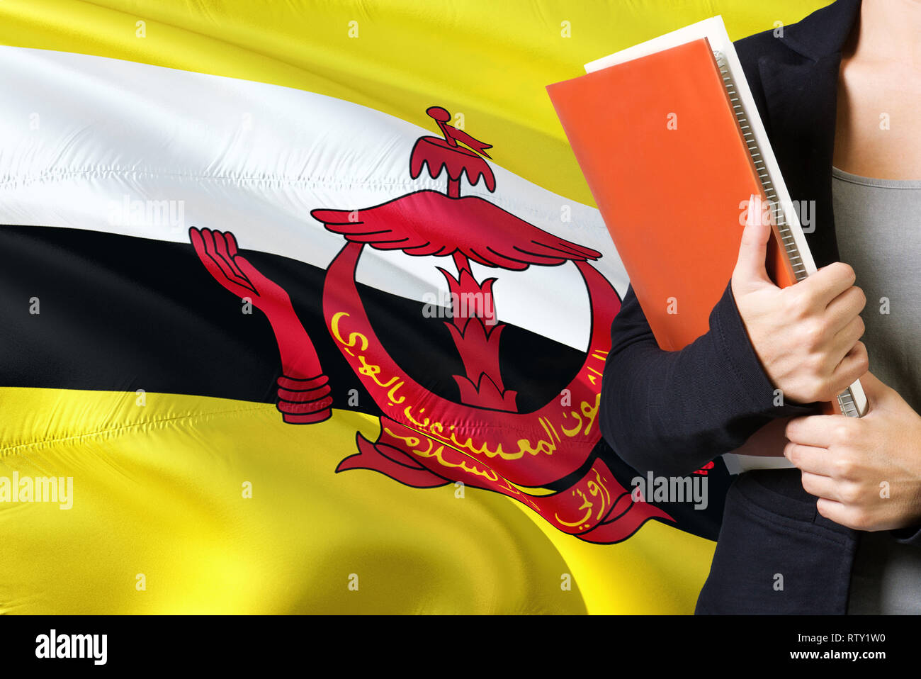 Learning Bruneian language concept. Young woman standing with the ...