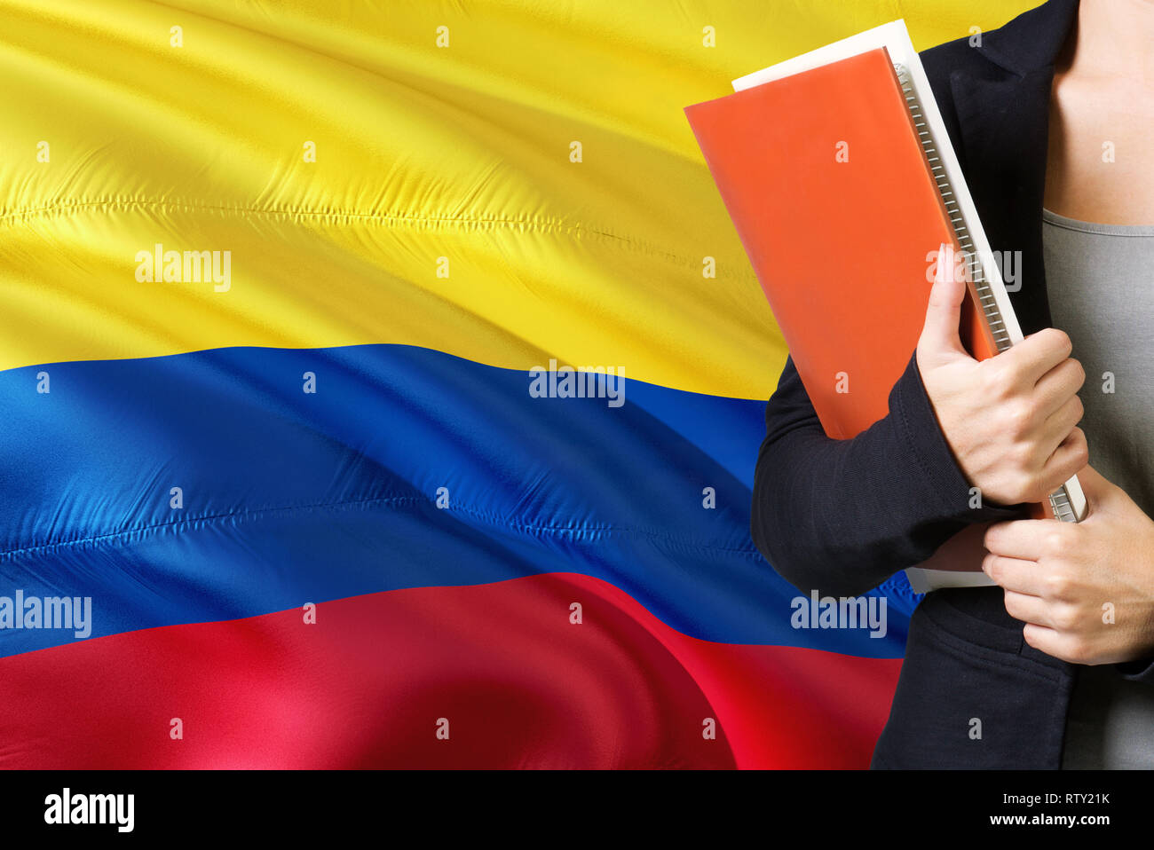 Learning Colombian language concept. Young woman standing with the ...