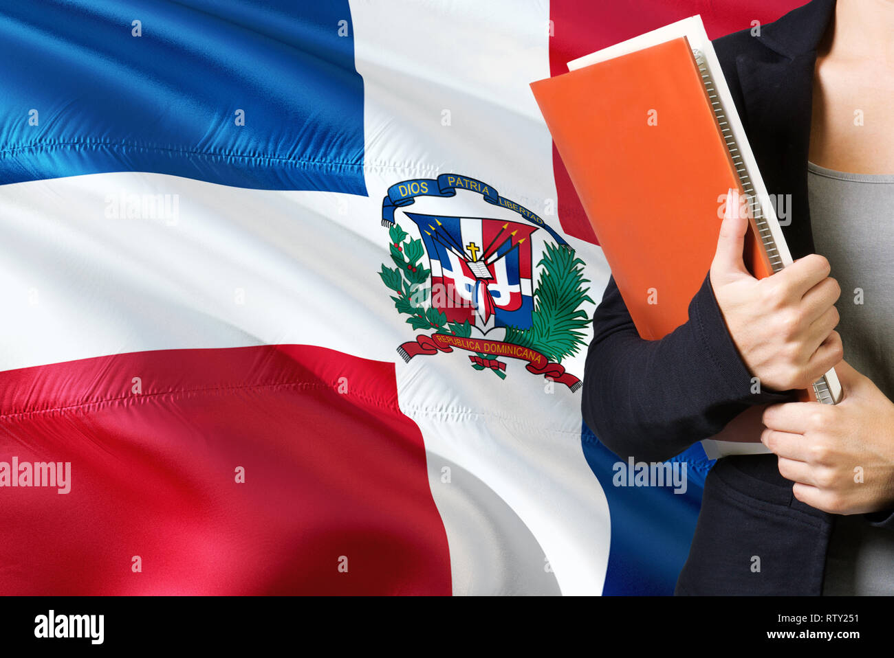 Learning Dominican language concept. Young woman standing with the ...