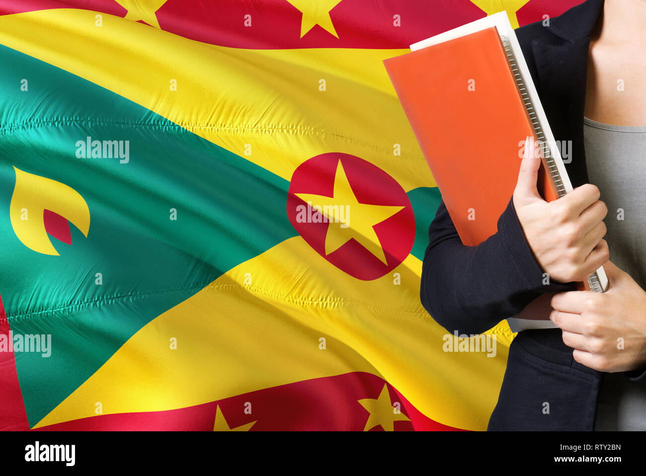 Learning Grenadian language concept. Young woman standing with the ...