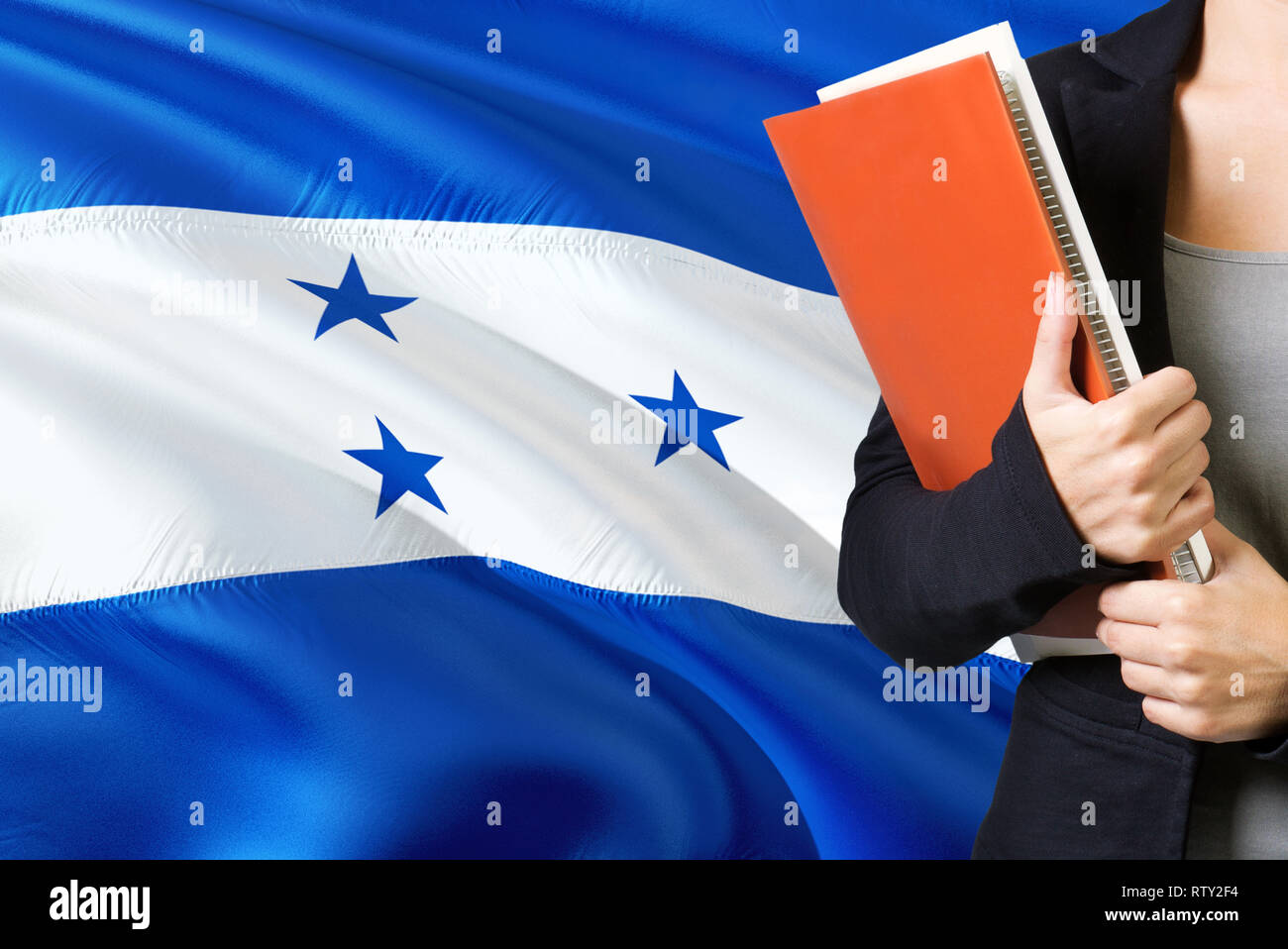 Learning Honduran language concept. Young woman standing with the ...