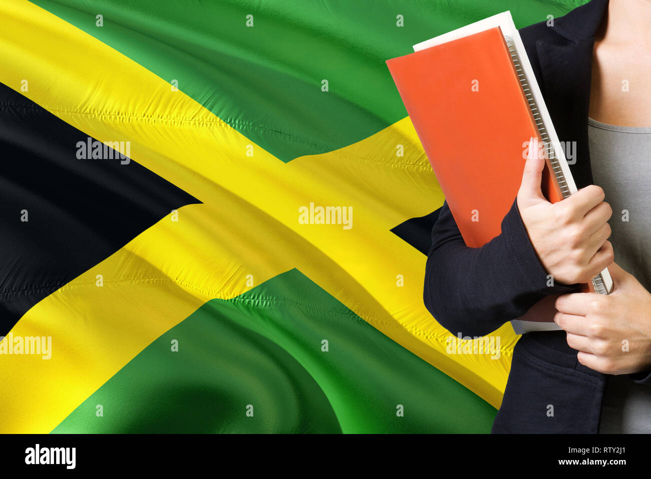 Learning Jamaican language concept. Young woman standing with the ...