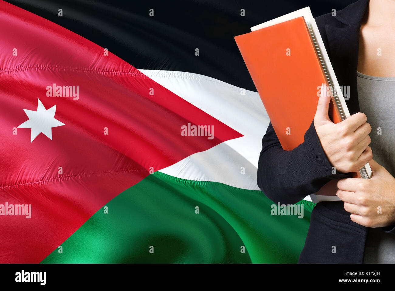 Learning Jordanian language concept. Young woman standing with the ...