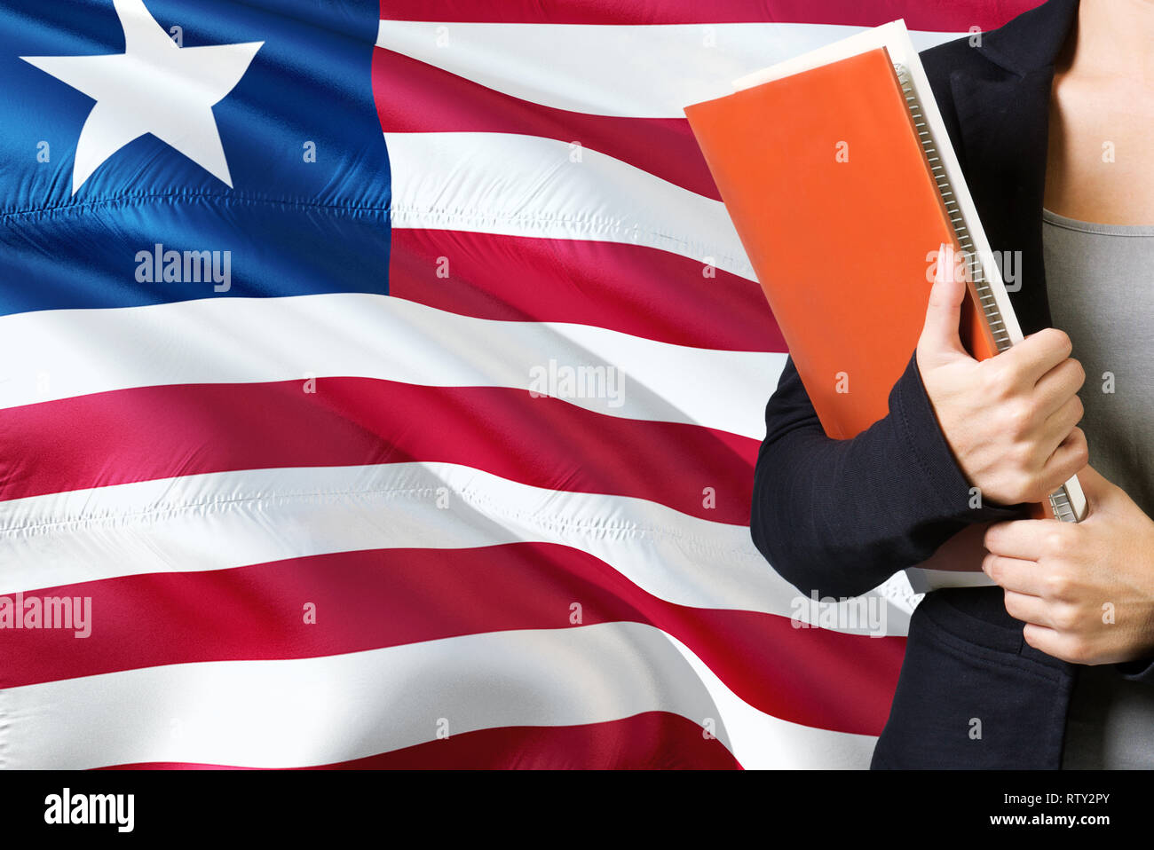 Learning Liberian language concept. Young woman standing with the ...