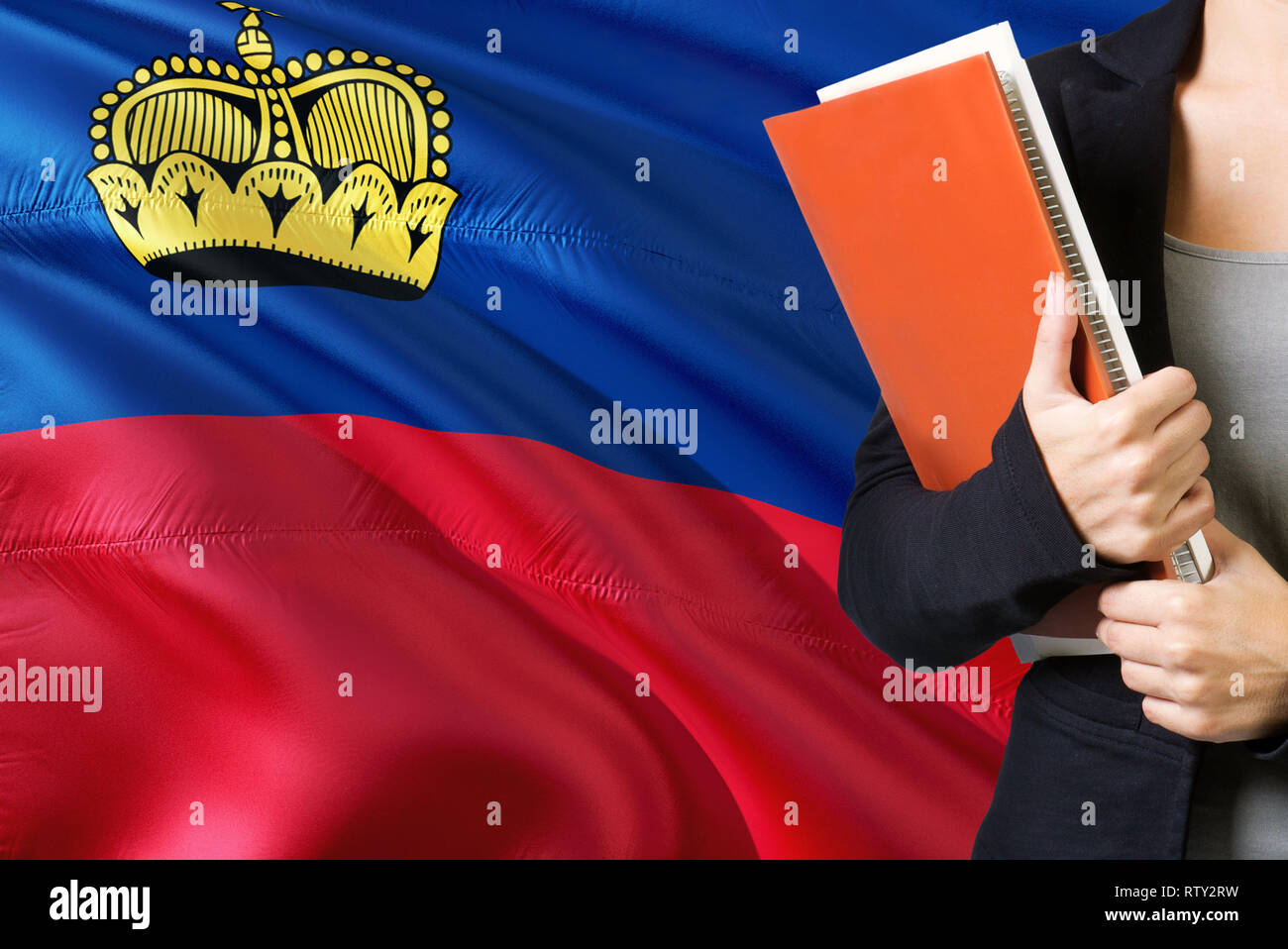 Learning Liechtensteiner language concept. Young woman standing with ...