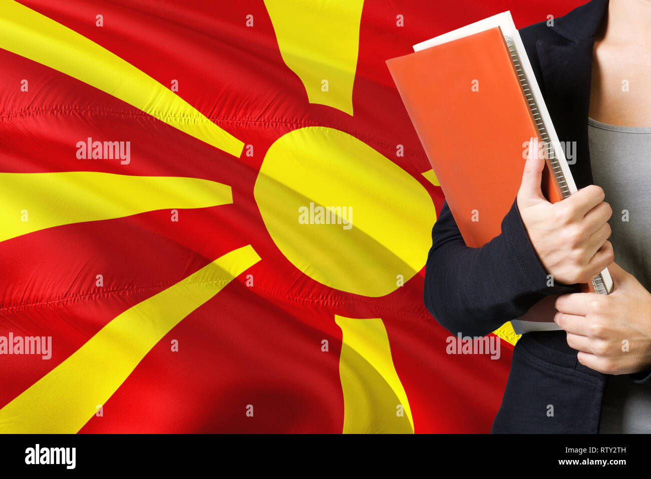 Learning Macedonian language concept. Young woman standing with the ...