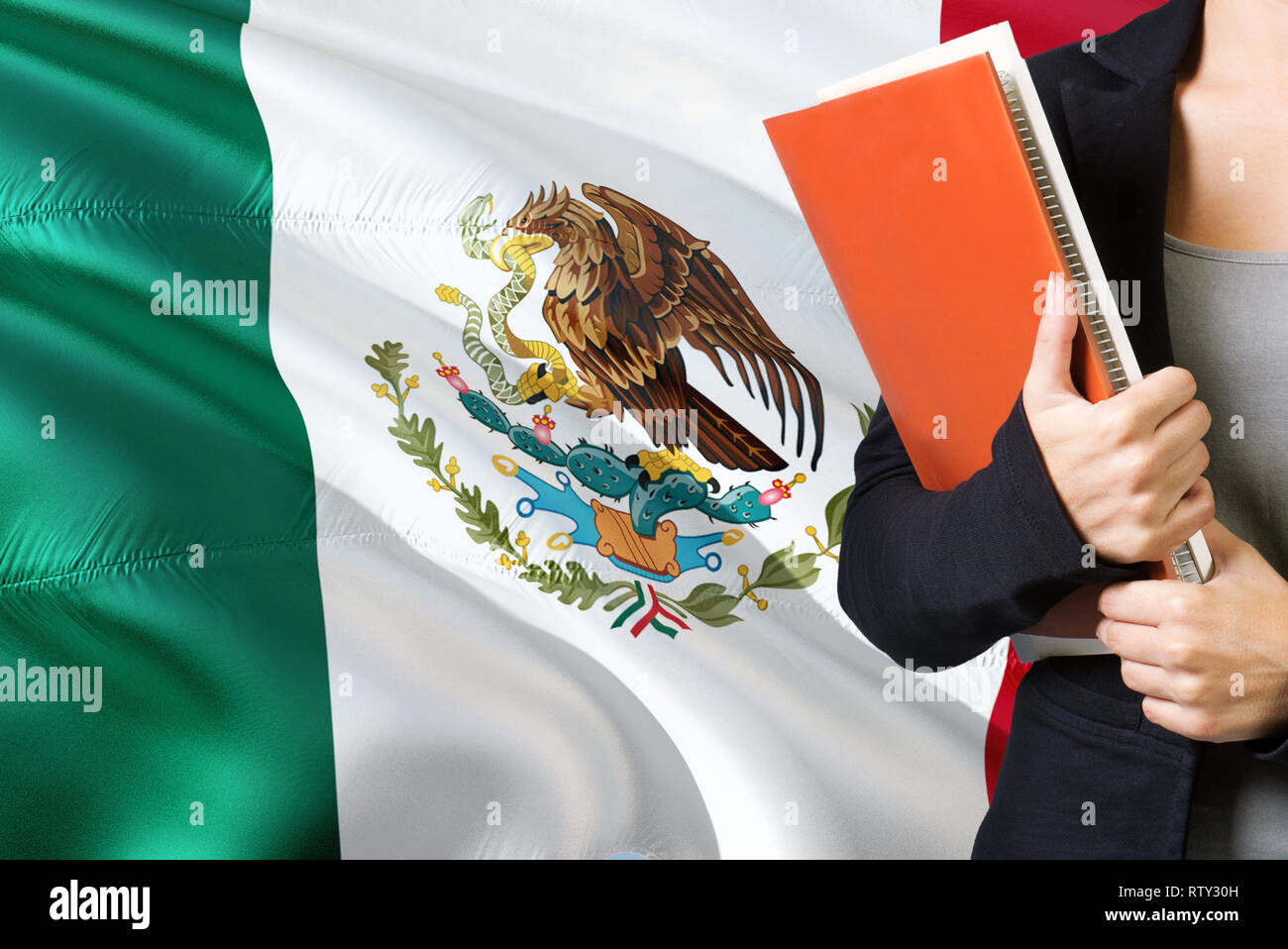 Learning Mexican language concept. Young woman standing with the Mexico ...