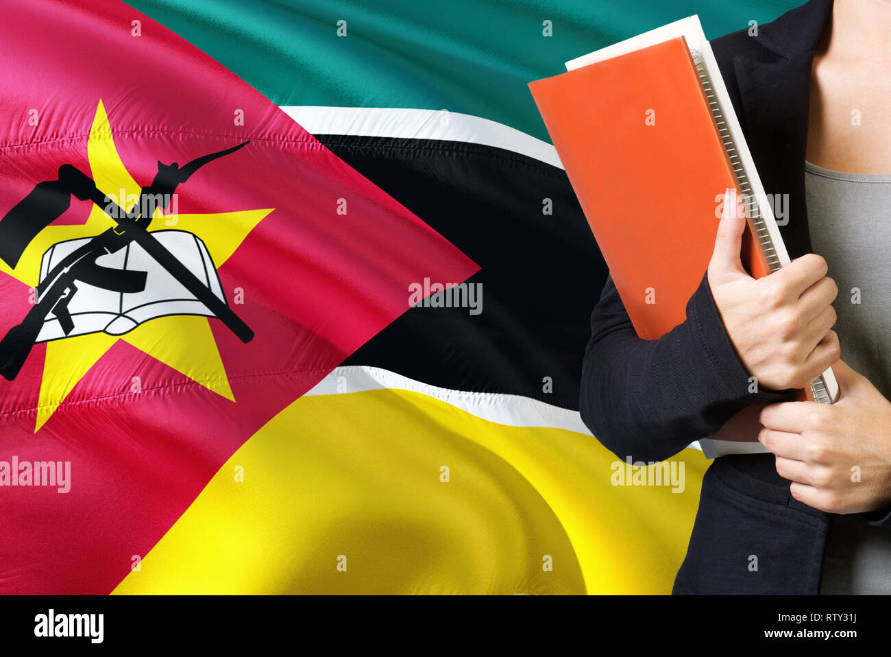 Learning Mozambican language concept. Young woman standing with the ...