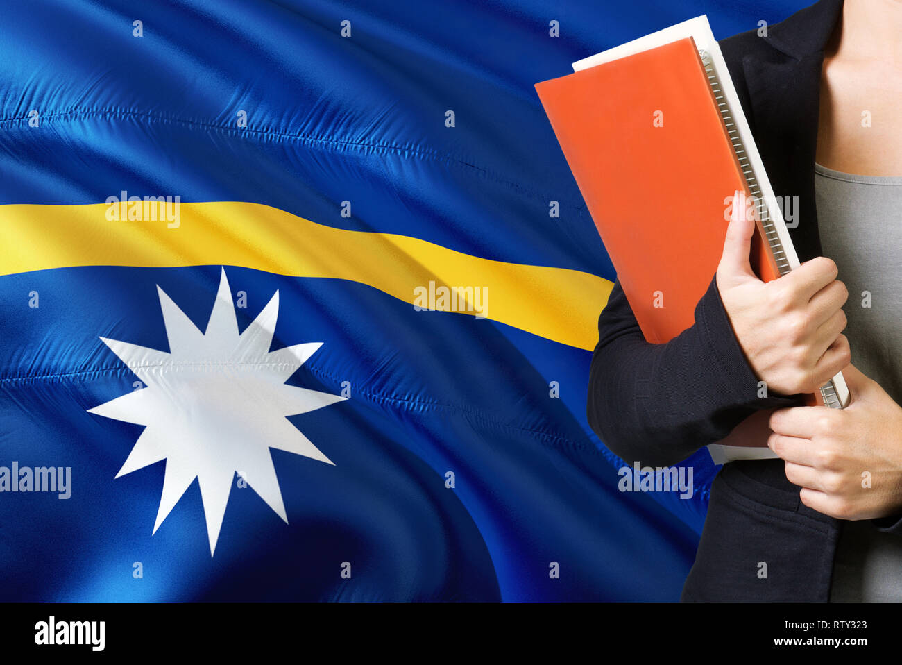 Learning Nauruan language concept. Young woman standing with the Nauru ...