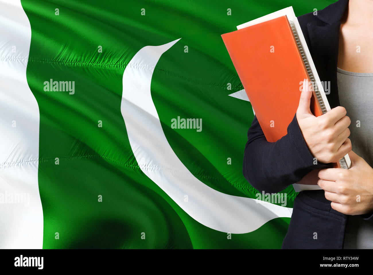 Learning Pakistani language concept. Young woman standing with the ...