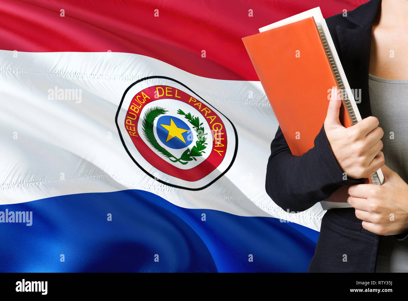 Learning Paraguayan language concept. Young woman standing with the ...