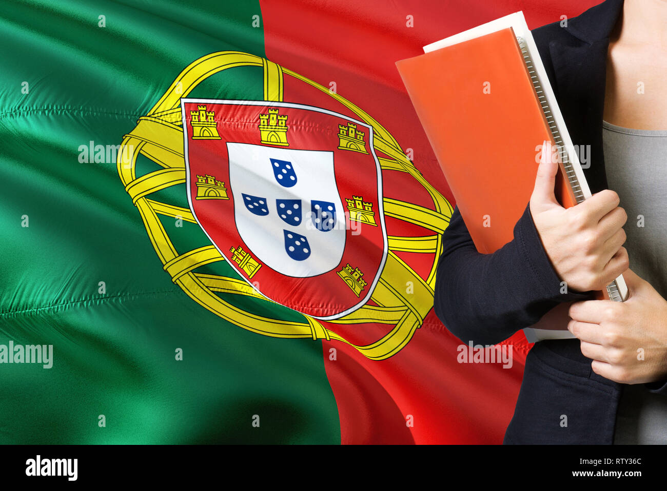 Learning Portuguese language concept. Young woman standing with the ...