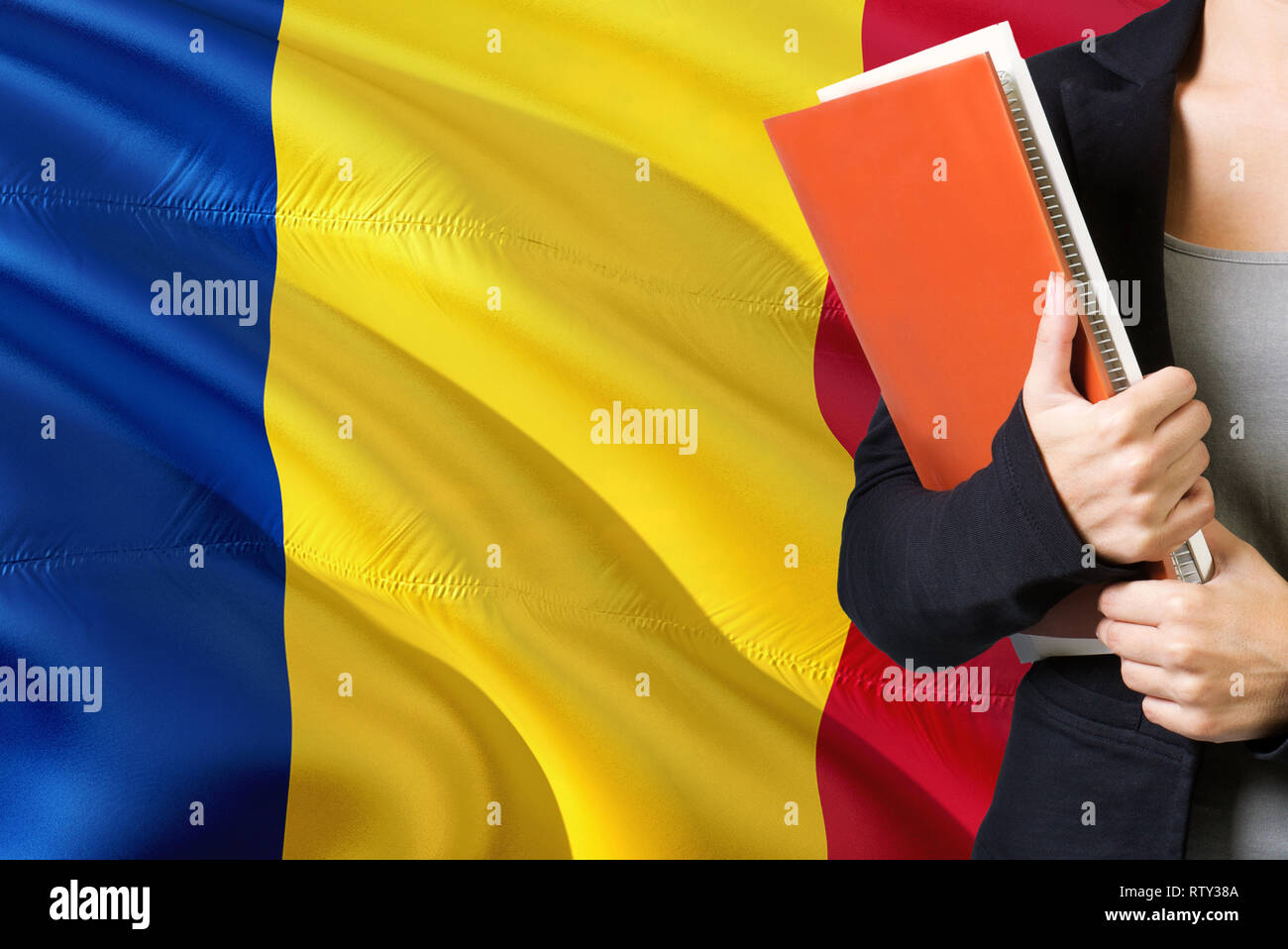 Learning Romanian language concept. Young woman standing with the ...