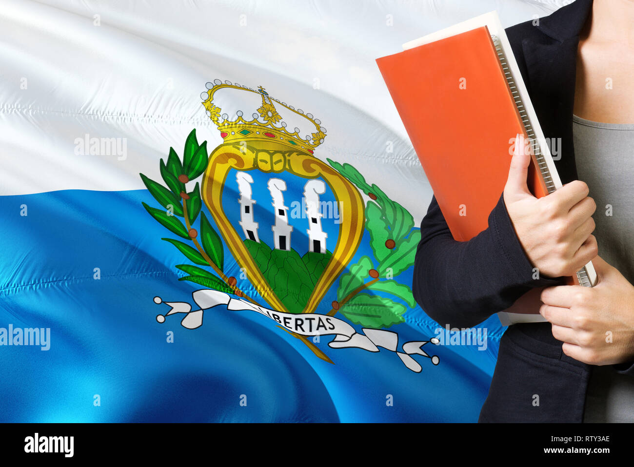 Learning Sammarinese language concept. Young woman standing with the ...