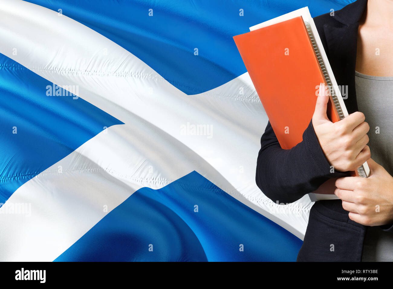 Learning Scottish language concept. Young woman standing with the ...