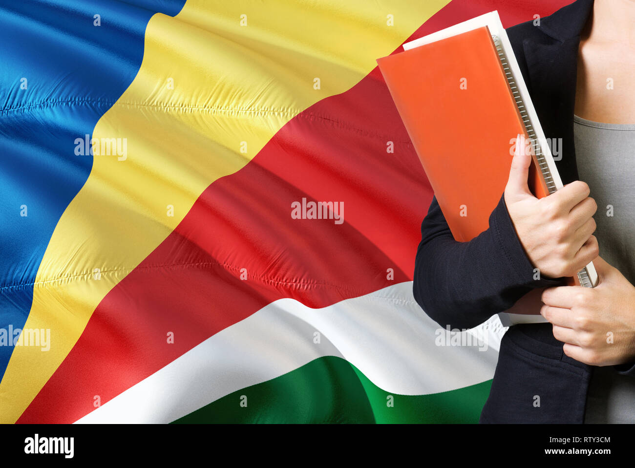 Learning Seychellois language concept. Young woman standing with the ...