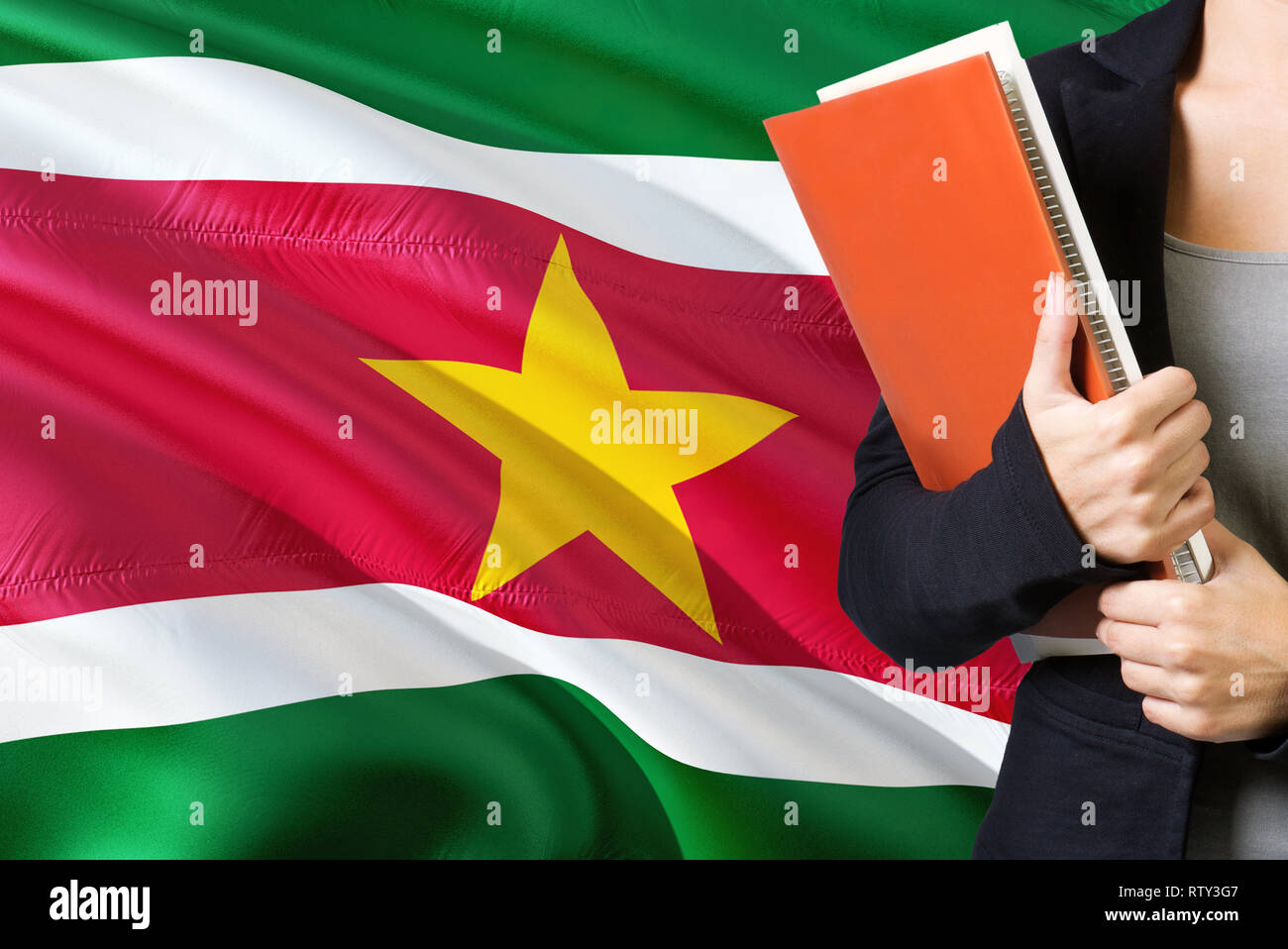 Learning Surinamese language concept. Young woman standing with the ...