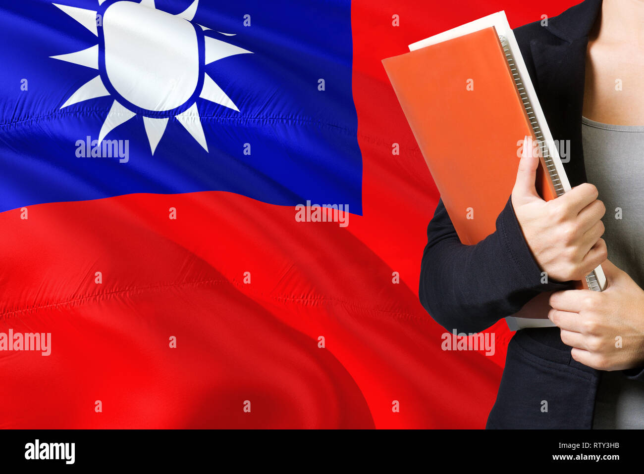 Learning Taiwanese language concept. Young woman standing with the ...