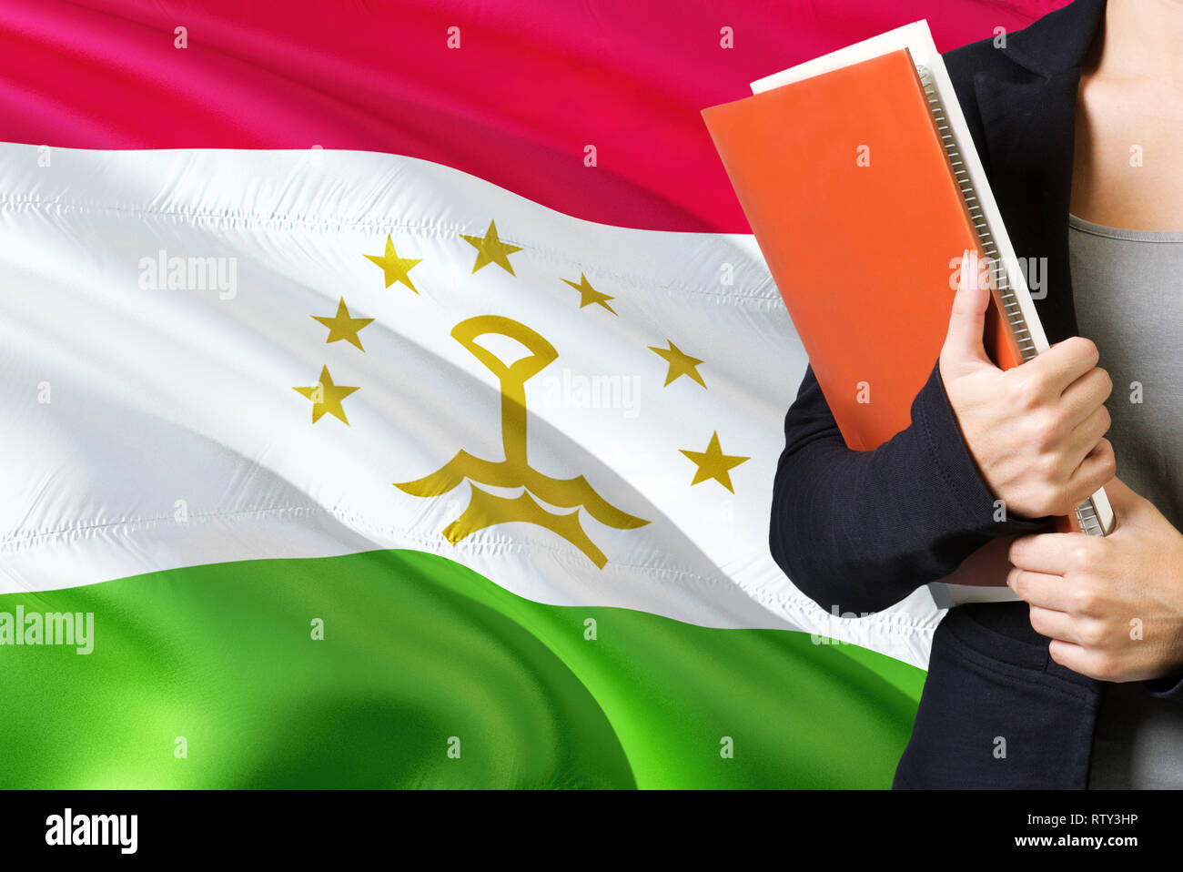 Learning Tajik language concept. Young woman standing with the ...