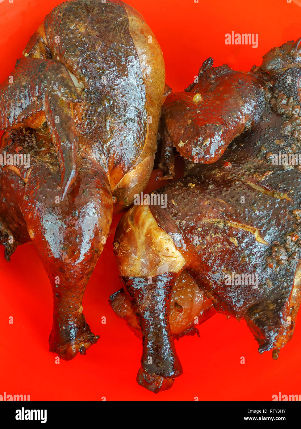 smoked chicken on the nature in the smokehouse, hot smoked Stock Photo ...