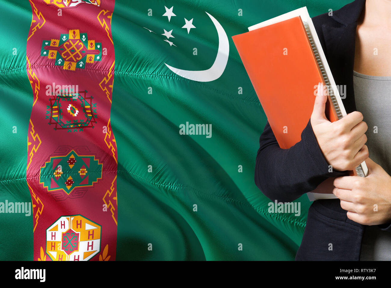 Learning Turkmen language concept. Young woman standing with the ...