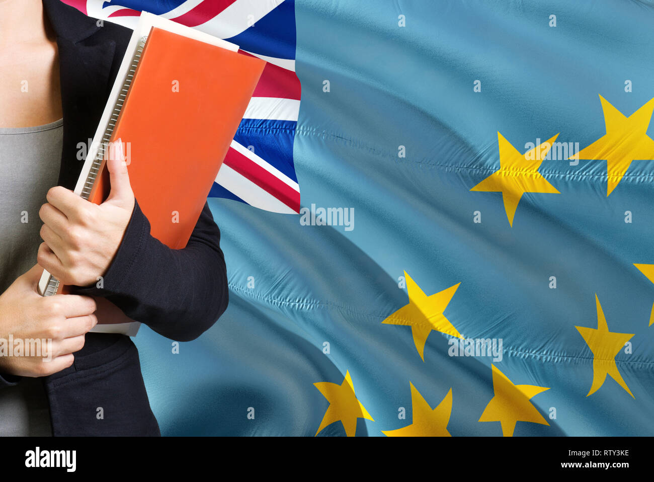 Learning Tuvaluan language concept. Young woman standing with the ...