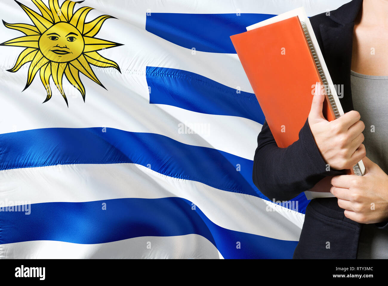 Learning Uruguayan language concept. Young woman standing with the ...
