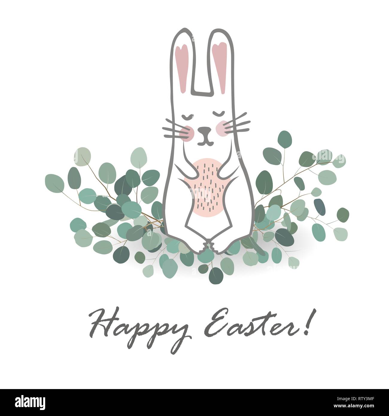 Cute hand drawn bunny on the Eucaliptus branches. Easter Hand Drawn ...