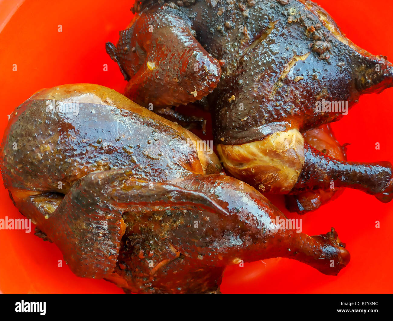 smoked chicken on the nature in the smokehouse, hot smoked Stock Photo ...